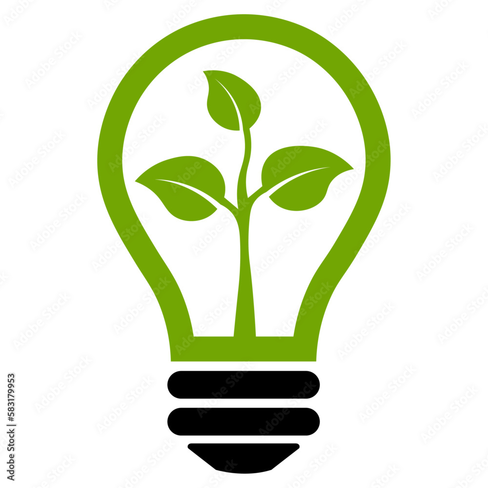 Light bulb, green color eco friendly energy icon with leaf. Sustainable ...