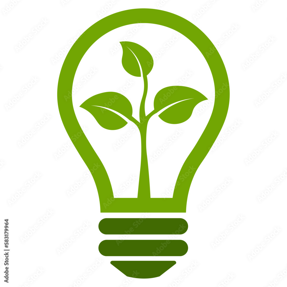 Light bulb, green color eco friendly energy icon with leaf. Sustainable, renewable, logo concept ...