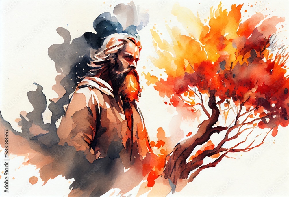 Watercolor Illustration of a Moses And The Burning Bush Painting ...