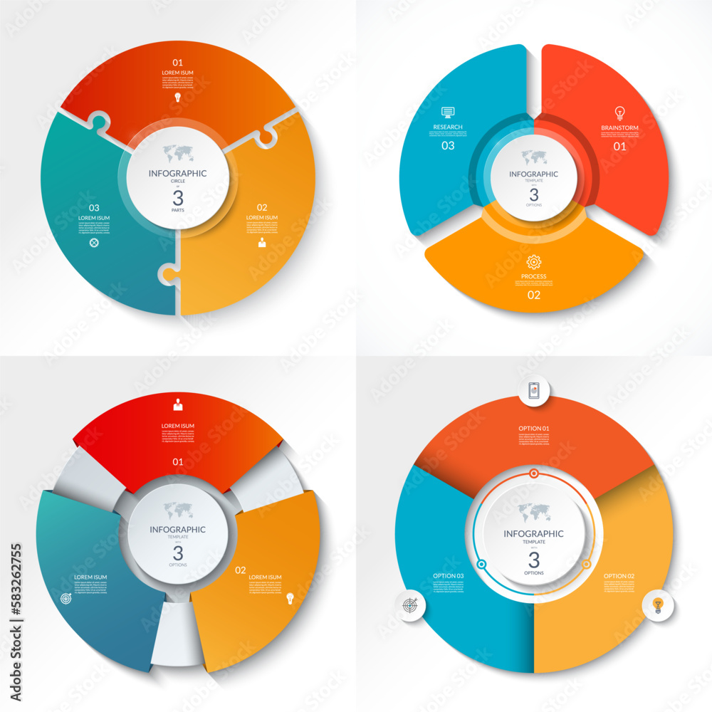 Set of vector infographic circles, cycle diagrams with 3 steps ...