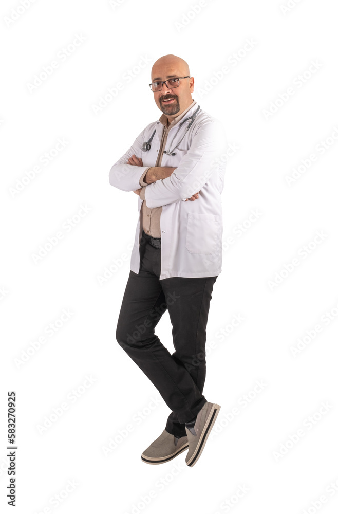 Trustworthy handsome bald middle aged full body shot male doctor ...