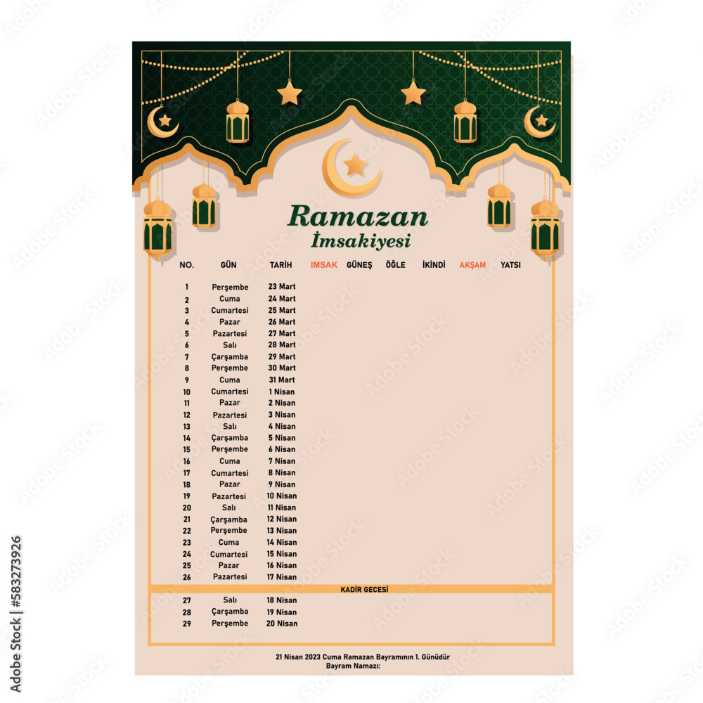 Vector de Stock Ramadan Imsakiye, Ramadan Calendar 2023, Translate ...