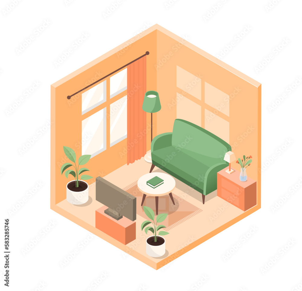 Isometric living room. Green sofa, lamppa and houseplant. Modern and ...