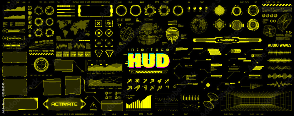 Graphic box elements HUD, UI, GUI. Cyberpunk interface - charts, frames ...