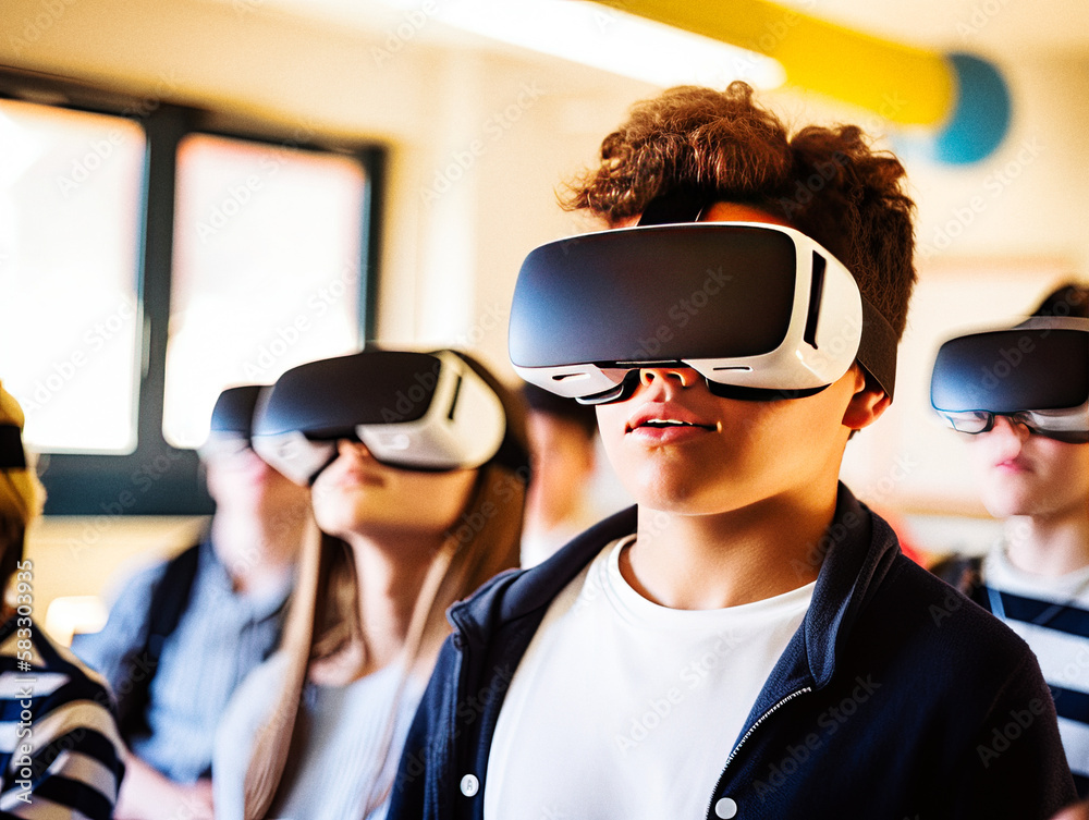 Students in class studying with the help of virtual reality headsets ...