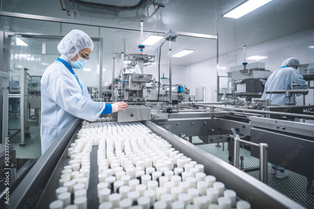 Pharmaceutical factory with workers in lab coats and protective gear ...