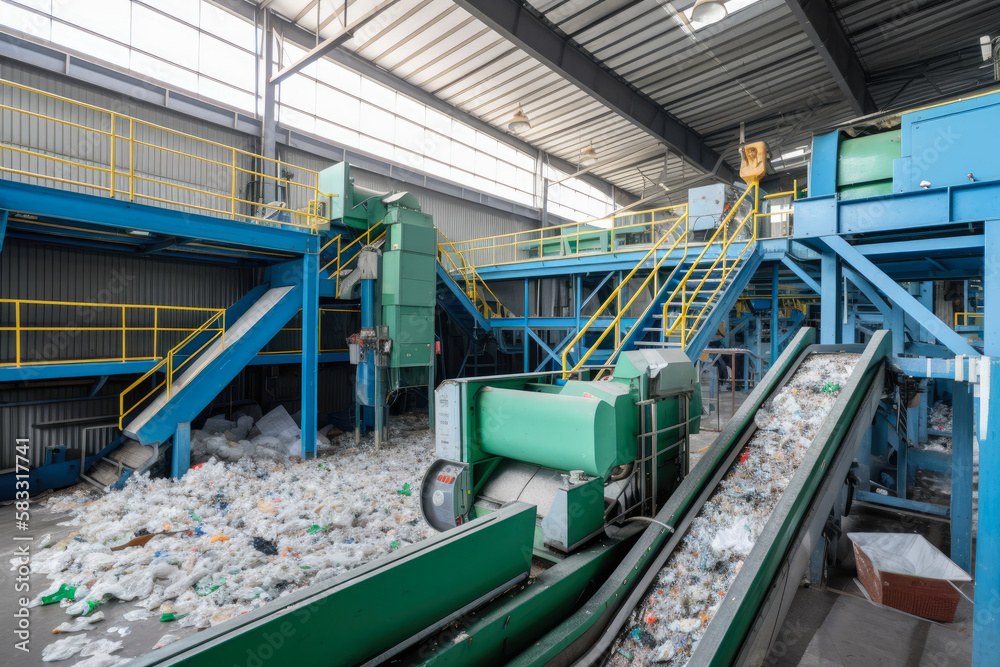 Plastic recycling plant with workers sorting various plastic materials ...