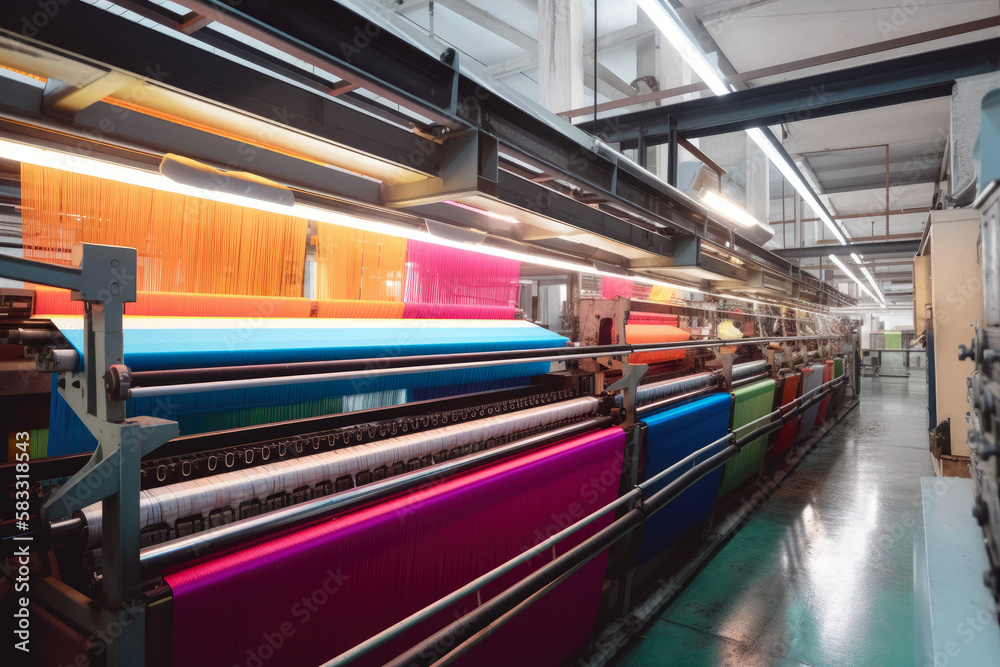 Textile factory with workers operating high-speed weaving machines to produce colorful fabric ...