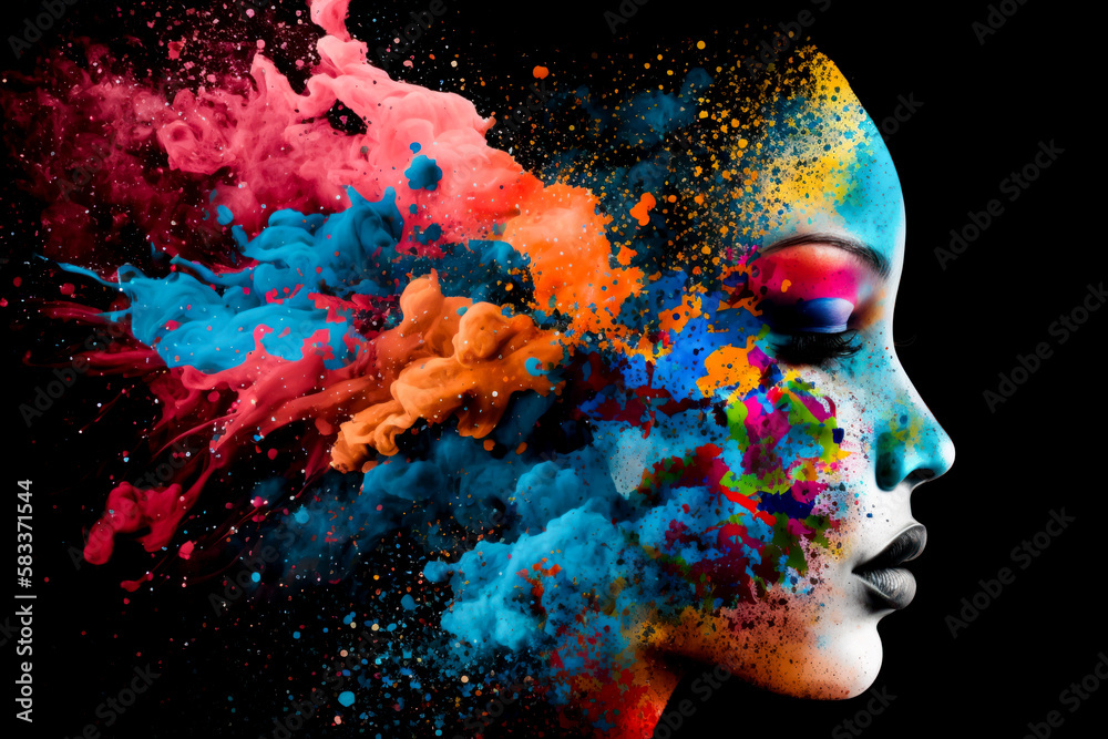 Female portrait in abstract multi color paint explosion on black background. Paint clouds with ...