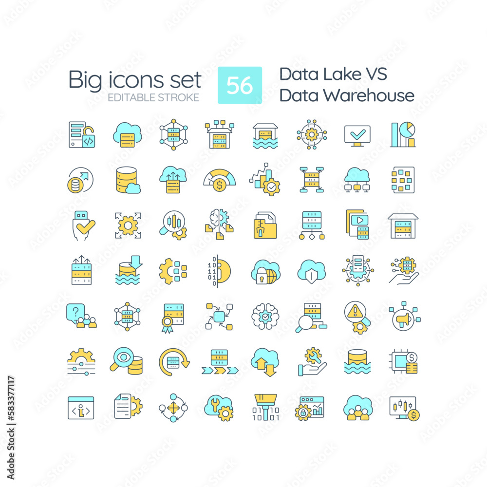 Data lake vs data warehouse RGB color icons set. Digital repository ...