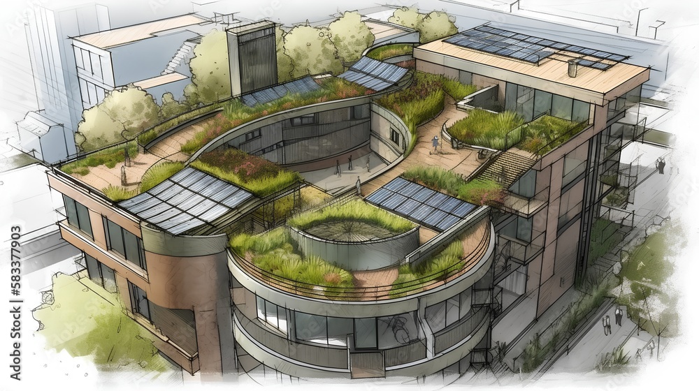 Sketch of sustainable urban architecture, featuring green roofs and ...