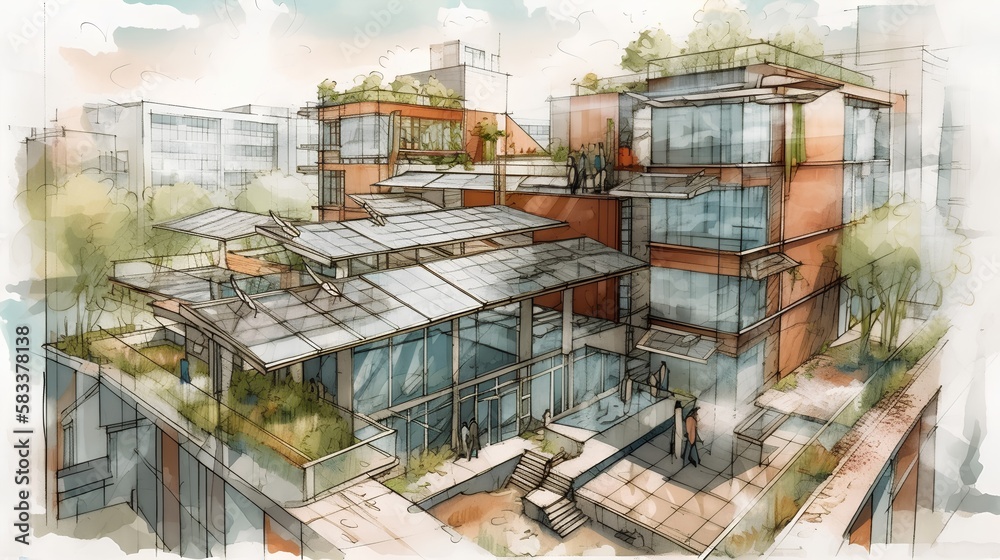 Sketch of sustainable urban architecture, featuring green roofs and ...