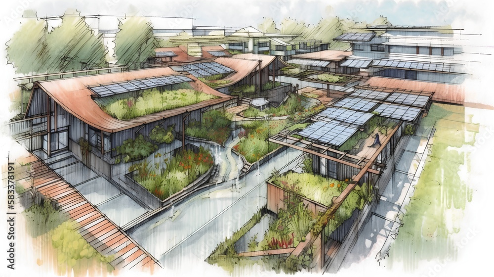 Sketch of sustainable urban architecture, featuring green roofs and ...