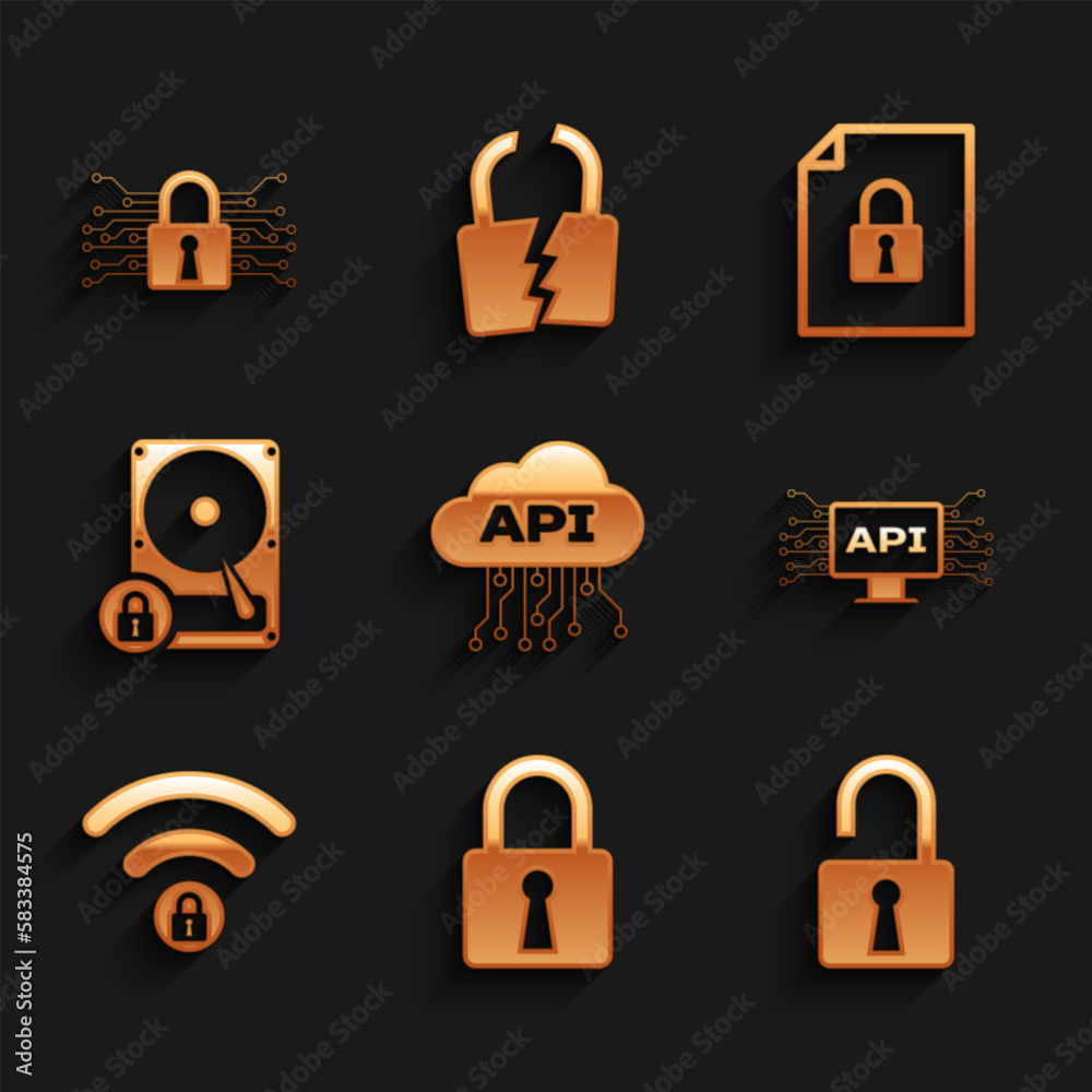 Set Cloud api interface, Lock, Open padlock, Computer, Wifi locked and ...