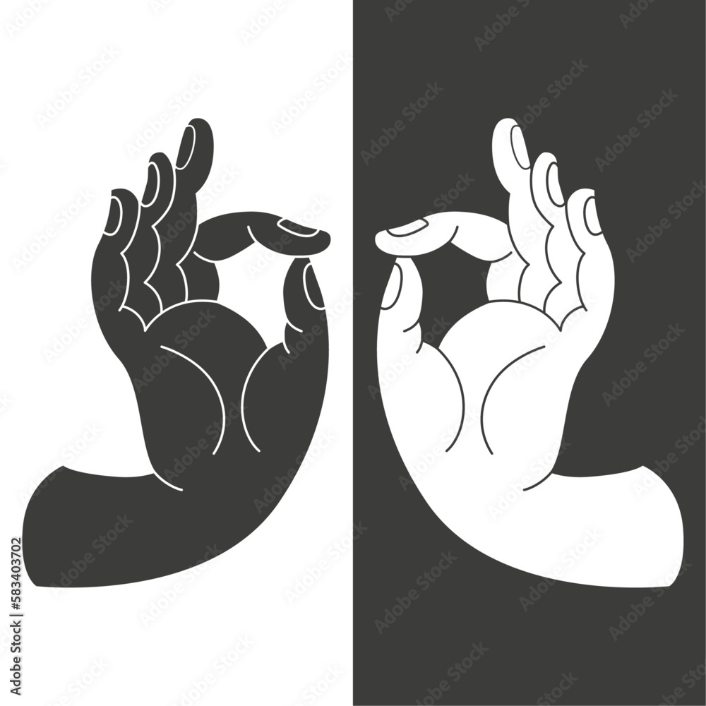 Hindu hand pose on black and white. Buddhist mudra. Tibetan thangka ...