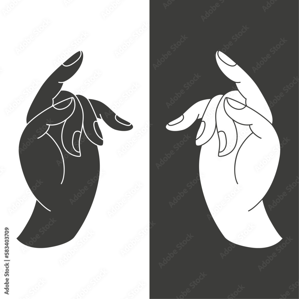 Hindu hand pose on black and white. Buddhist mudra. Tibetan thangka ...