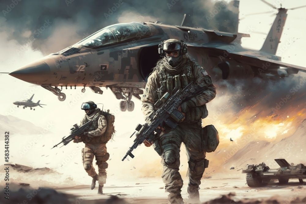 Army soldiers fighting with guns and defending their country. a group ...