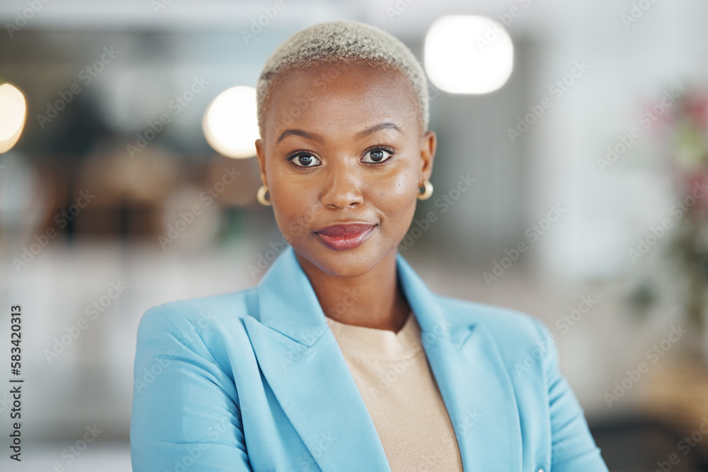 Office face portrait, manager and black woman, business employee or ...