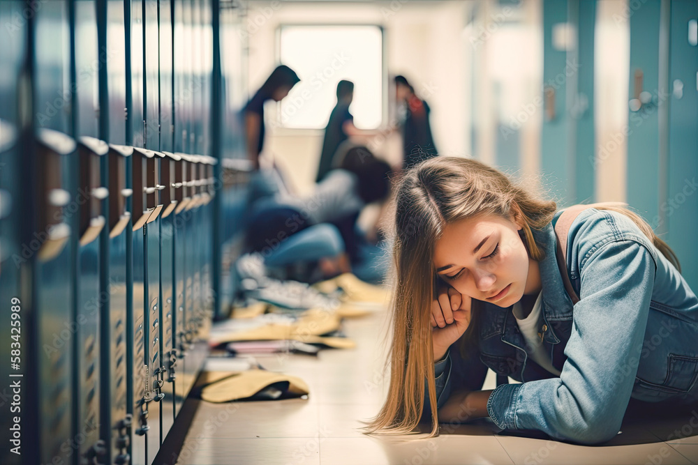 Bullying at school and high school. Upset bullied teen girl suffering sitting against the school ...