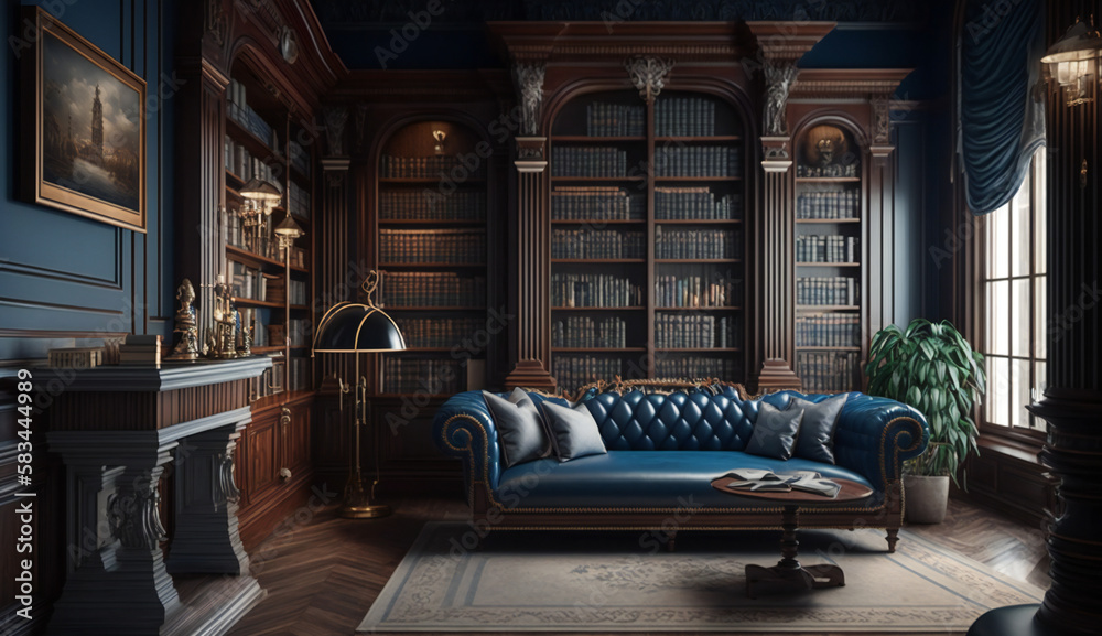 Old mansion classic interior living room home design , with a library ...