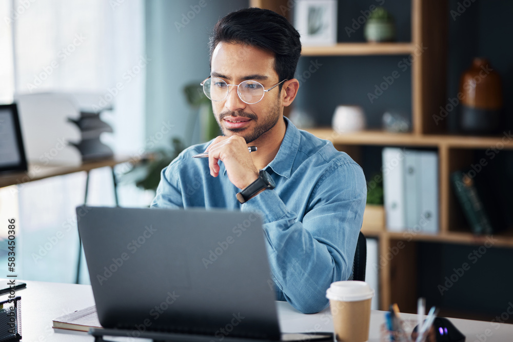 Business man thinking at laptop in office for startup management ...