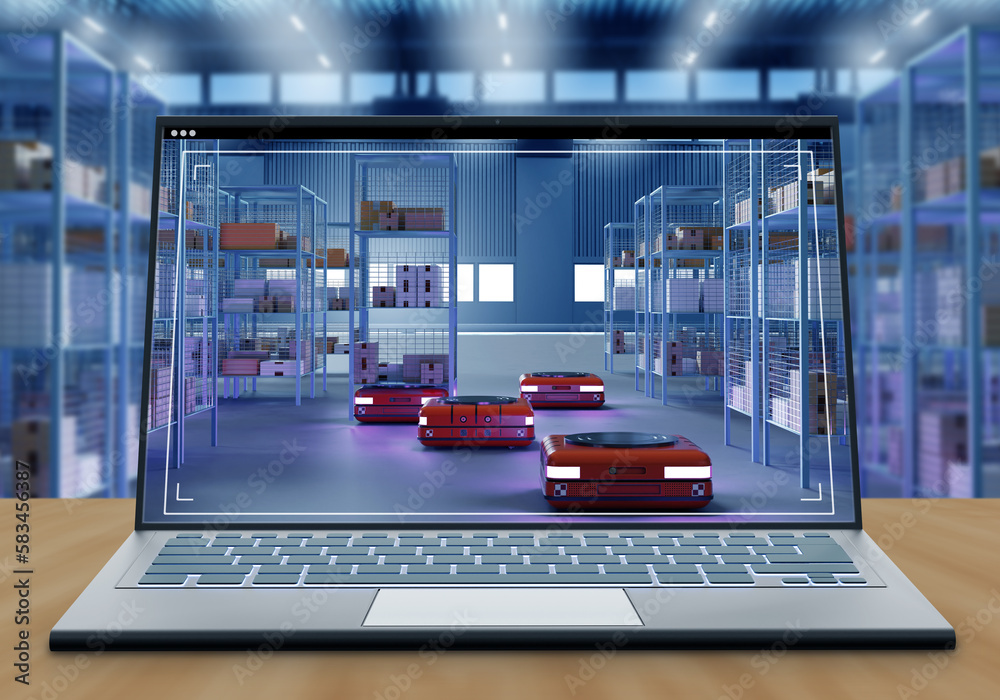 Stockillustrationen Automated guided vehicles. Warehouse robots in laptop screen. Tracking amr ...
