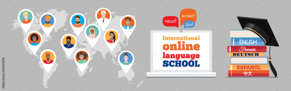 International online language school banner. People avatars at world ...