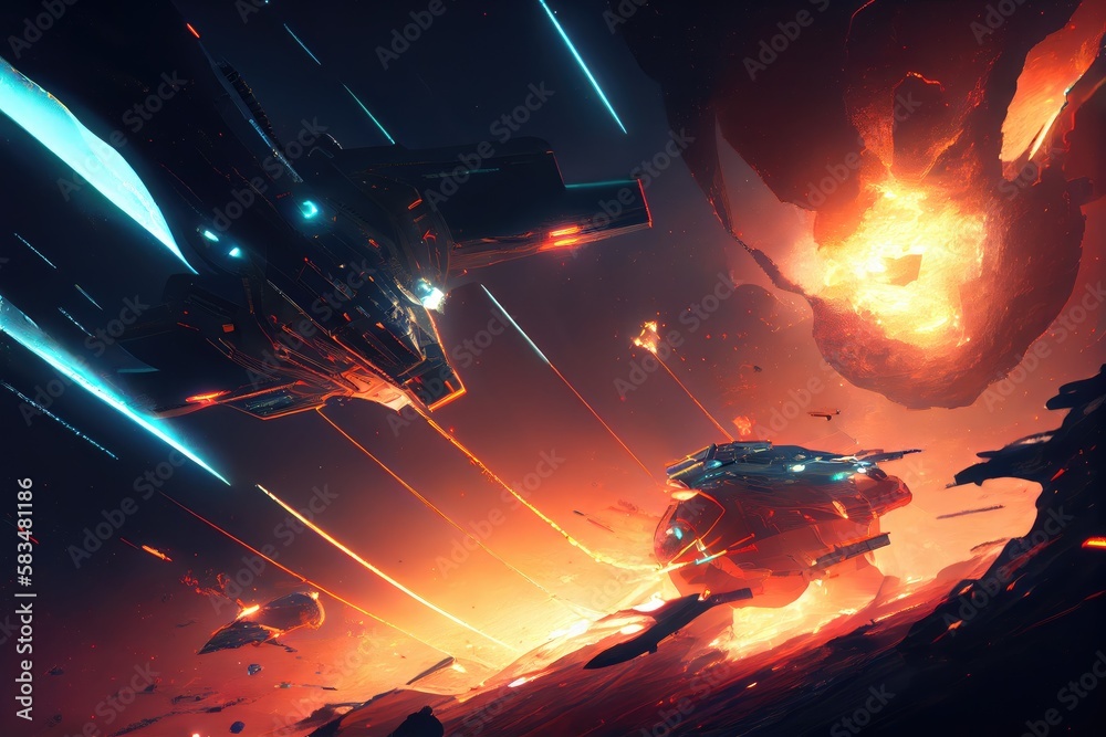 sci-fi battle scene, with spaceships firing lasers at each other in the ...