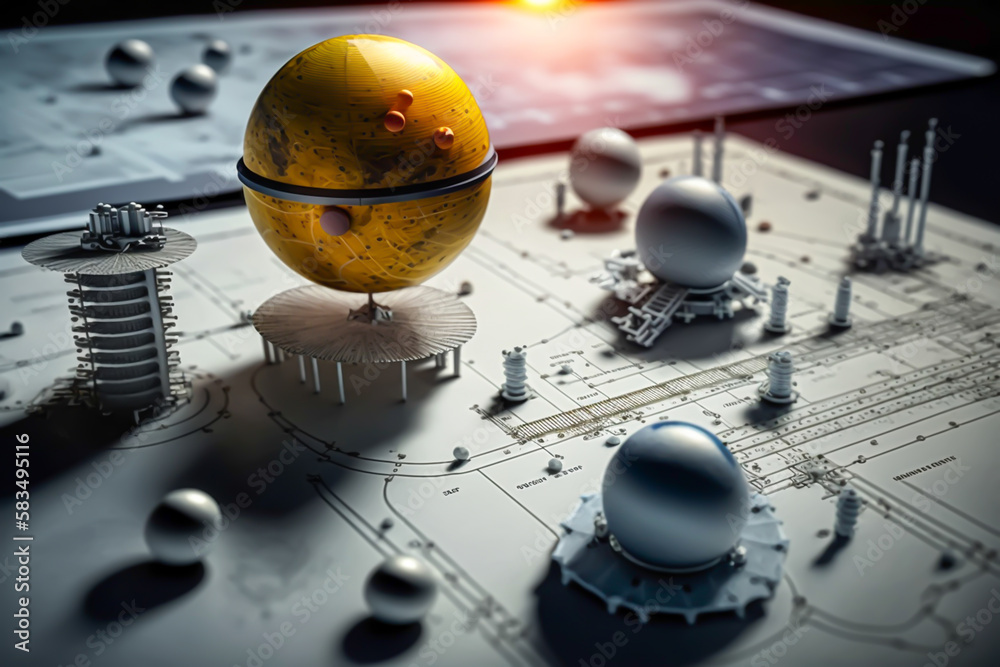 solar system under construction on blueprints, building projects ...