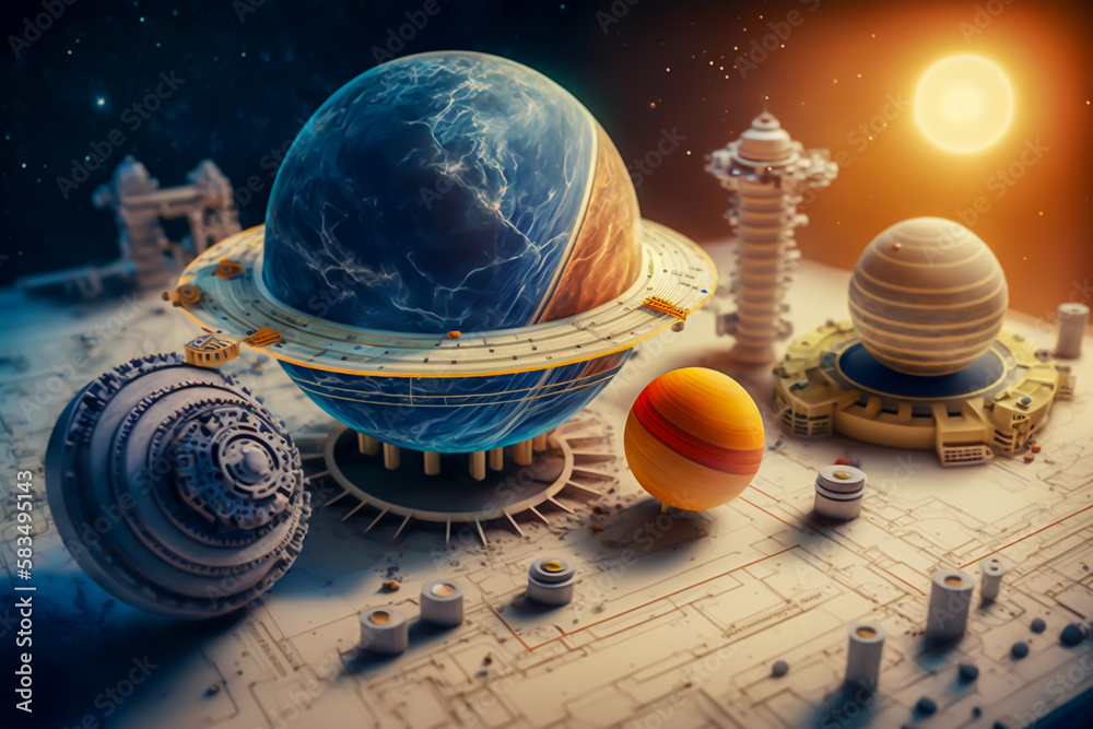 solar system under construction on blueprints, building projects ...