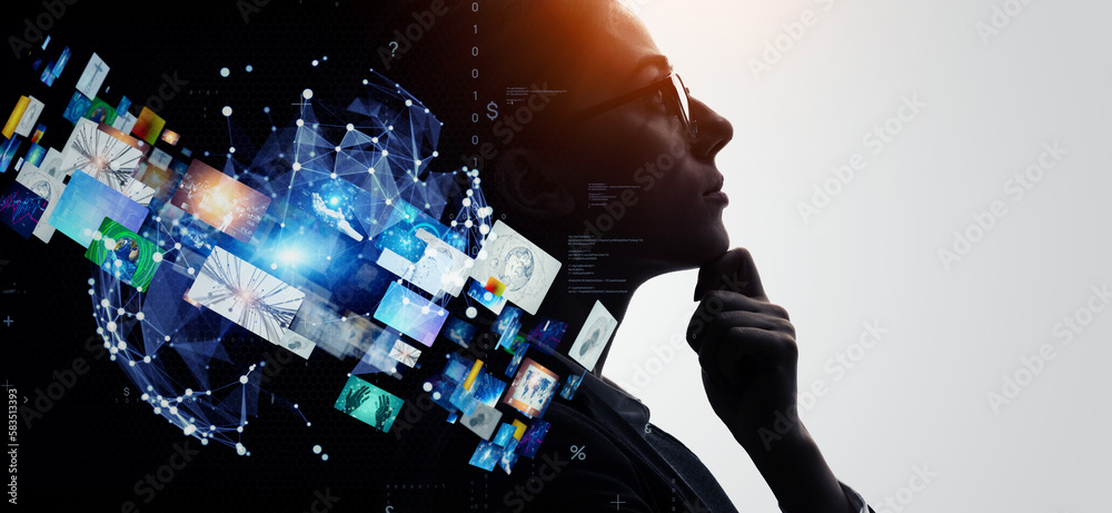 Profile of woman and visual network concept. Artificial intelligence ...