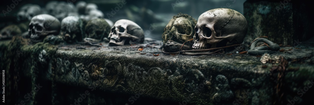 Skeletal army of the undead king littered on castle stone steps, broken ...