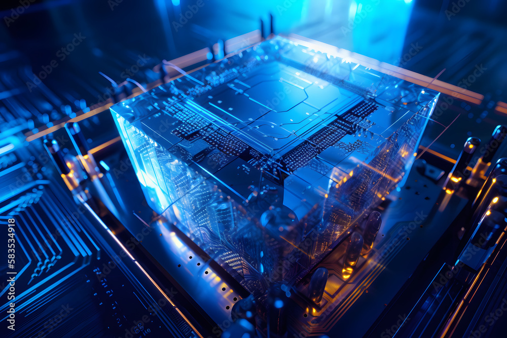 Concept illustration of Quantum Computing: cutting-edge quantum computer, bathed in cool blue ...
