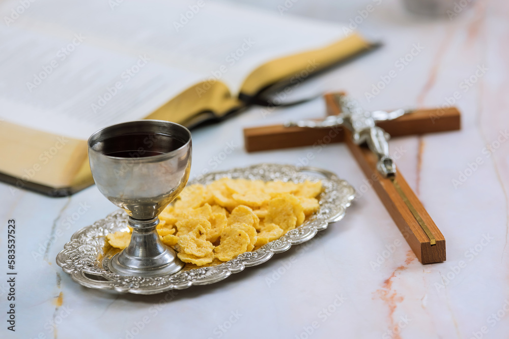 Holy communion of Christians consists unleavened bread chalice wine ...