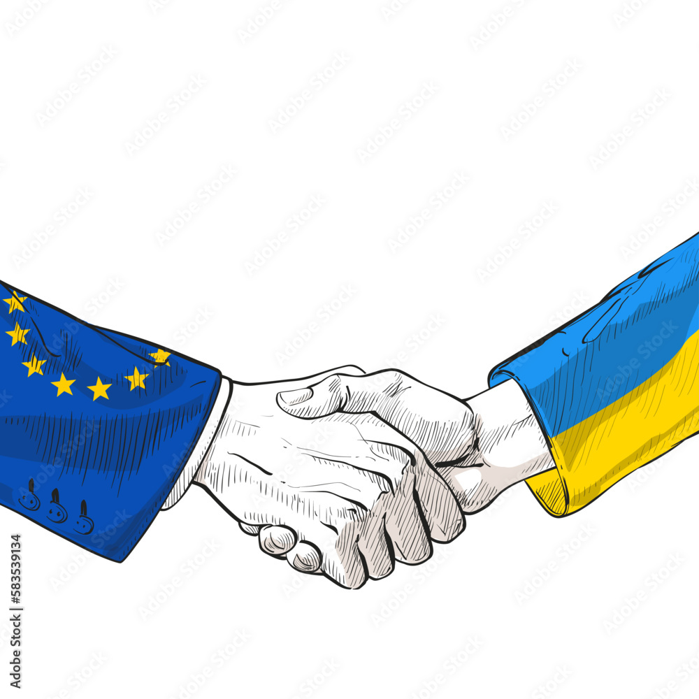 European EU and UA Ukraine flags. Partners political handshake. Two ...