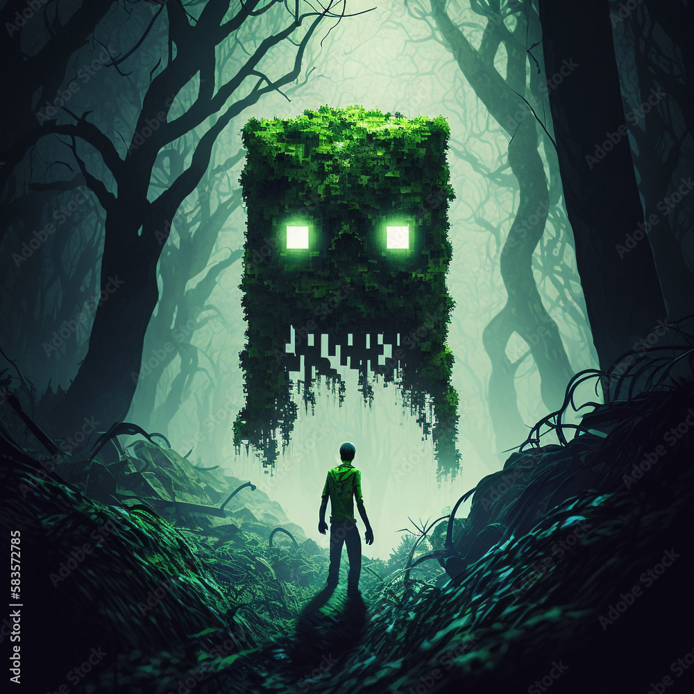 Minecraft creeper in creepy forest hd wallpaper Stock Illustration ...