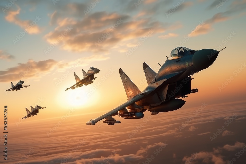 Several Mig-29 fighter jets flying above the clouds at sunset is a ...