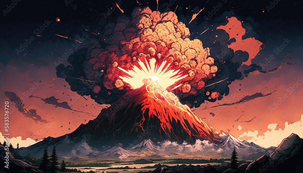 an impressive dangerous volcano exploding scene, anime manga art Stock ...