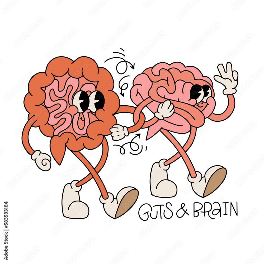 Cute groovy brain and intestines characters walking together. Vector ...