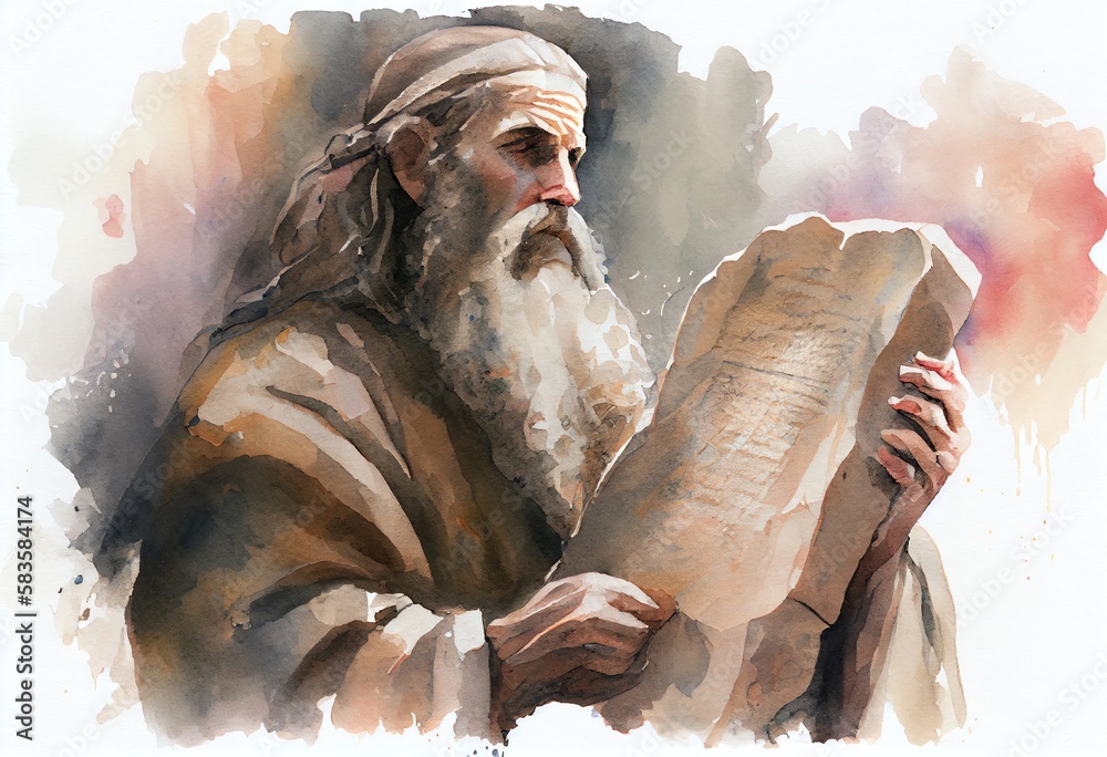 Watercolor Illustration of a Prophet Moses With Stone Tablet Painting ...