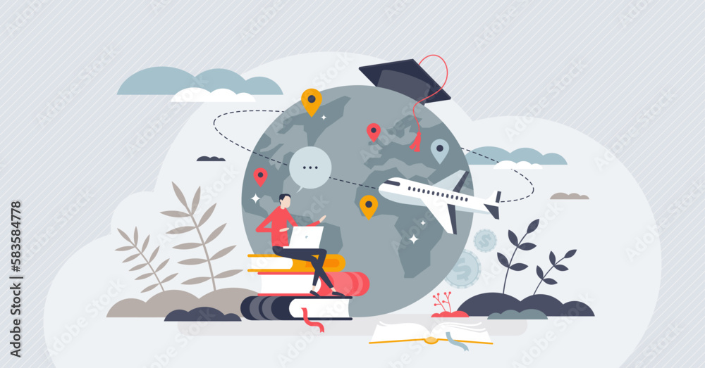 Study abroad programs for global education learning tiny person concept ...