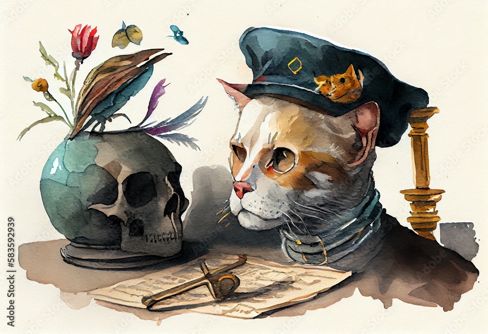 Watercolor Illustration of a William Shakespeare Cat With A Skull To Be ...