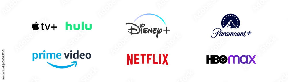 Top streaming services company logo set. Netflix, hbo max, paramount, disnep, apple tv, hulu ...
