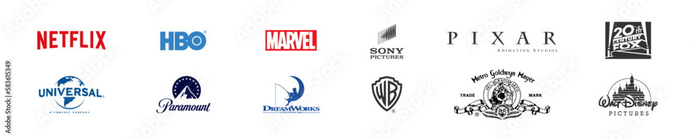 Top film and cinema studio company logo set. Netflix, hbo, universal ...