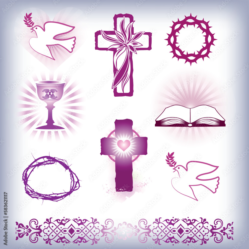 Set of religious signs. Cross with dove, holy spirit, bible. Design ...