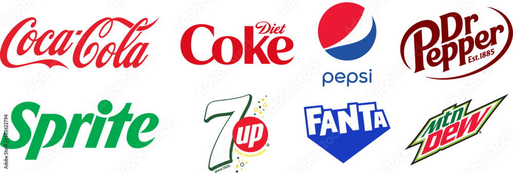 Coca Cola soft drink logo set. Diet Coke, Pepsi, Dr Pepper, Sprite, 7 ...