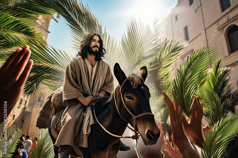 Biblical account of Jesus Christ riding a donkey while many people ...