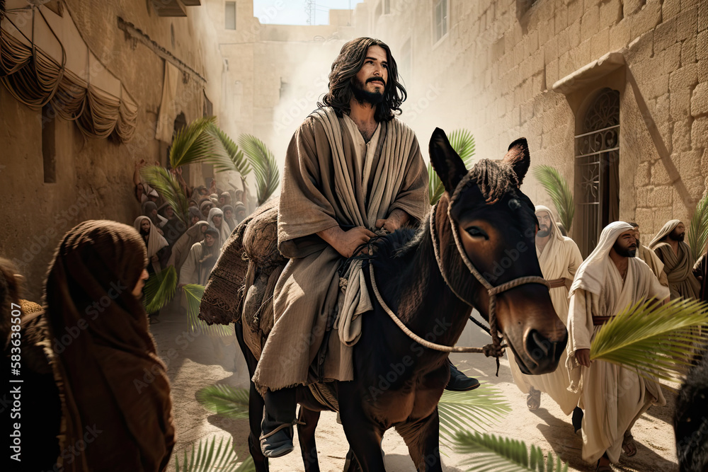 Biblical account of Jesus Christ riding a donkey while many people ...