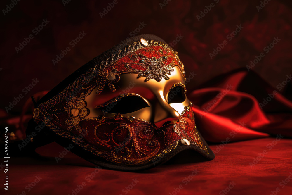 Golden venetian mask on dark red silk cloth for masquerade disguise ...