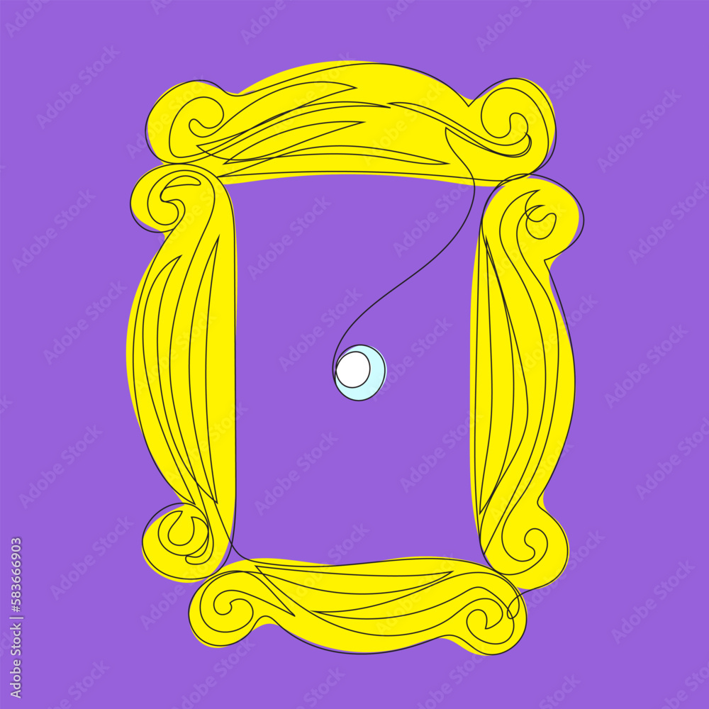 Yellow frame with peephole in one line style on a purple background ...